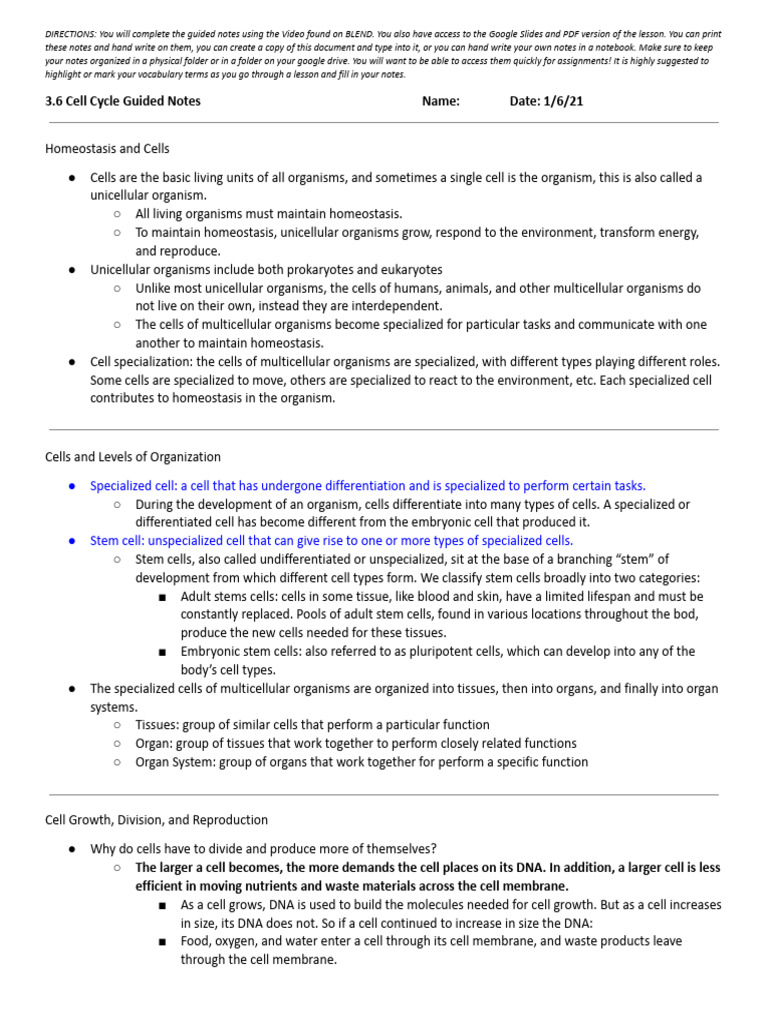 Cell Cycle and Homeostasis Notes | PDF | Mitosis | Sexual Reproduction
