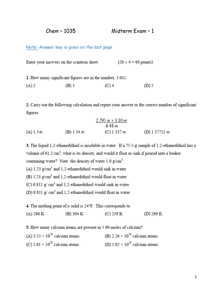 Chem-1035 Midterm-1 Answer Key | PDF | Mole (Unit) | Chemical Bond
