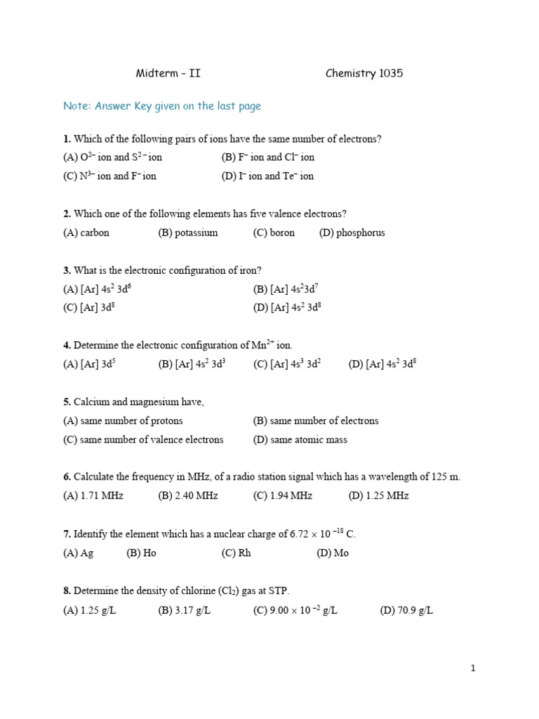 Chem-1035 Midterm-2 Answer Key | PDF | Ion | Mole (Unit)