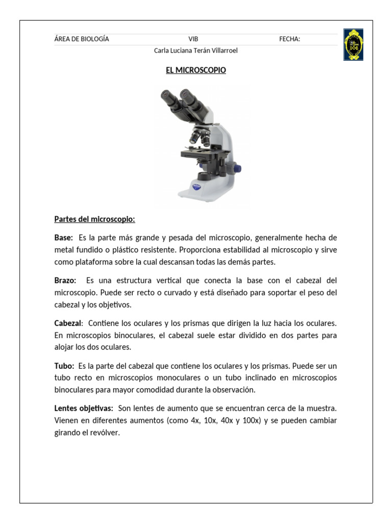 Tarea Biolo Microscopio y Sus Partes | PDF