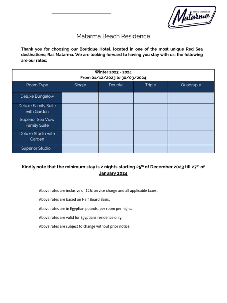 Matarma Beach Winter Rate 23-24 Till 30 March Ind | PDF