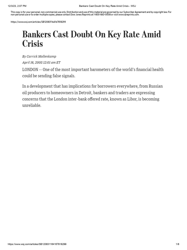 Bankers Cast Doubt On Key Rate Amid Crisis - WSJ | PDF | Libor | Loans