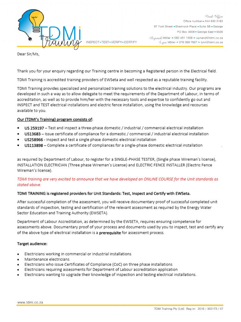 INFO 2024 - Unit Standards Electrical CoC - TDMI | PDF | Electrician ...