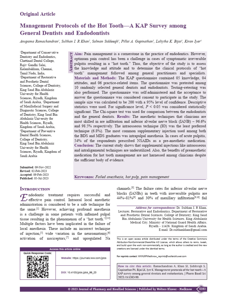 Management Protocols of The Hot Tooth A Kap Survey.81 | PDF | Dentistry ...
