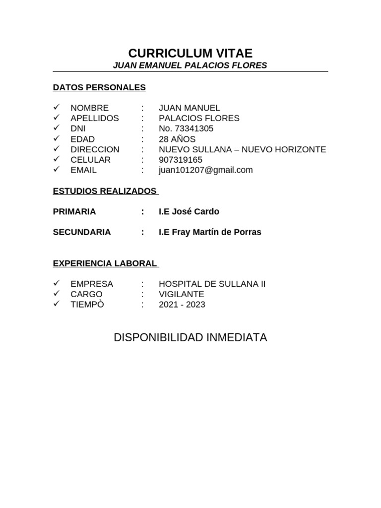 Curriculum Vitae Juan Manuel Amigo de Reyes | PDF