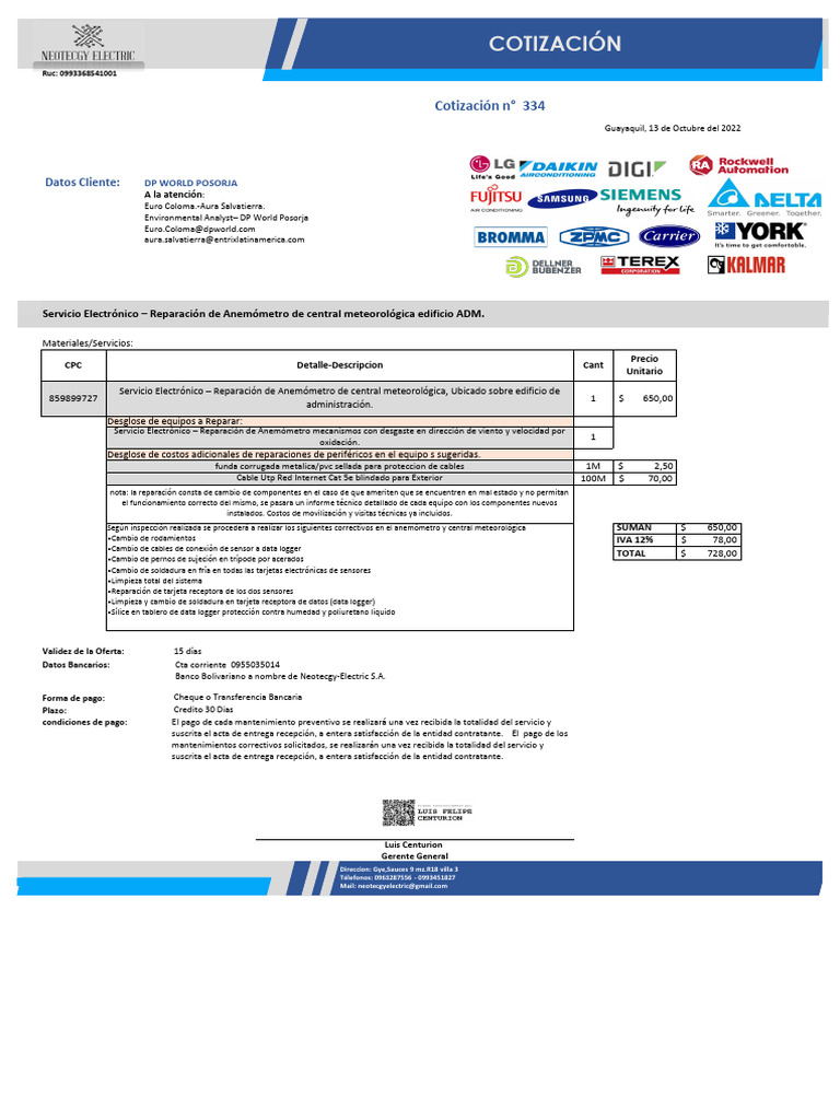 COT334 COTIZACION REPARACION DE ANEMOMETRO EDIFICIO ADM DPWORLD | PDF