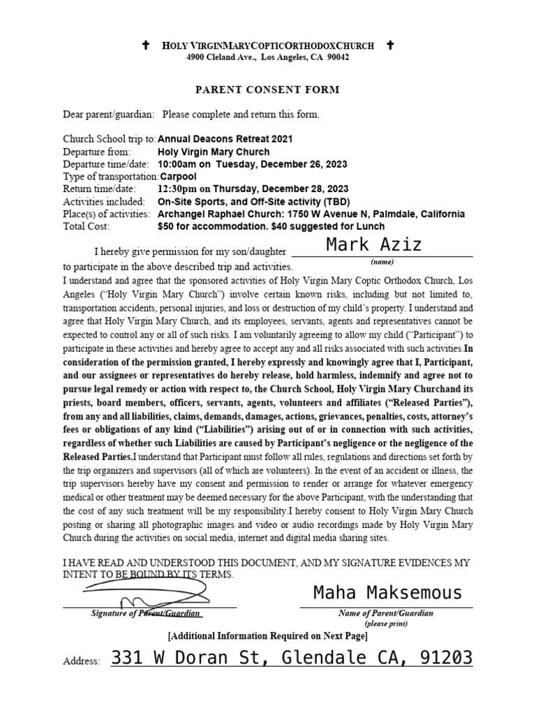 2023 Consent Form For Deacons Retreat | PDF | Common Law | Private Law