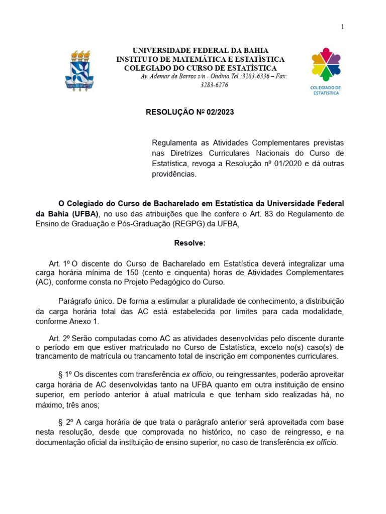 Atividades Complementares em Estatística UFBA | PDF | Diploma de bacharel