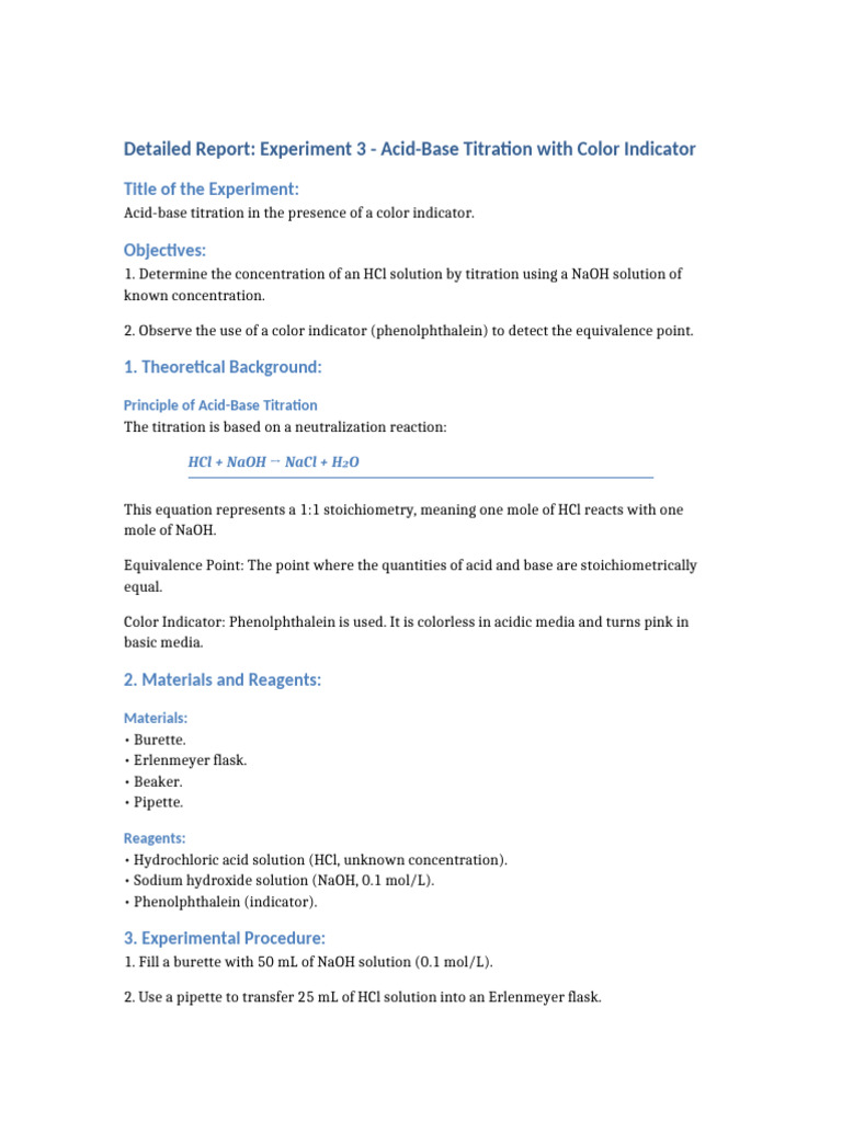 Experiment3 AcidBase Titration Report | PDF | Titration | Chemistry