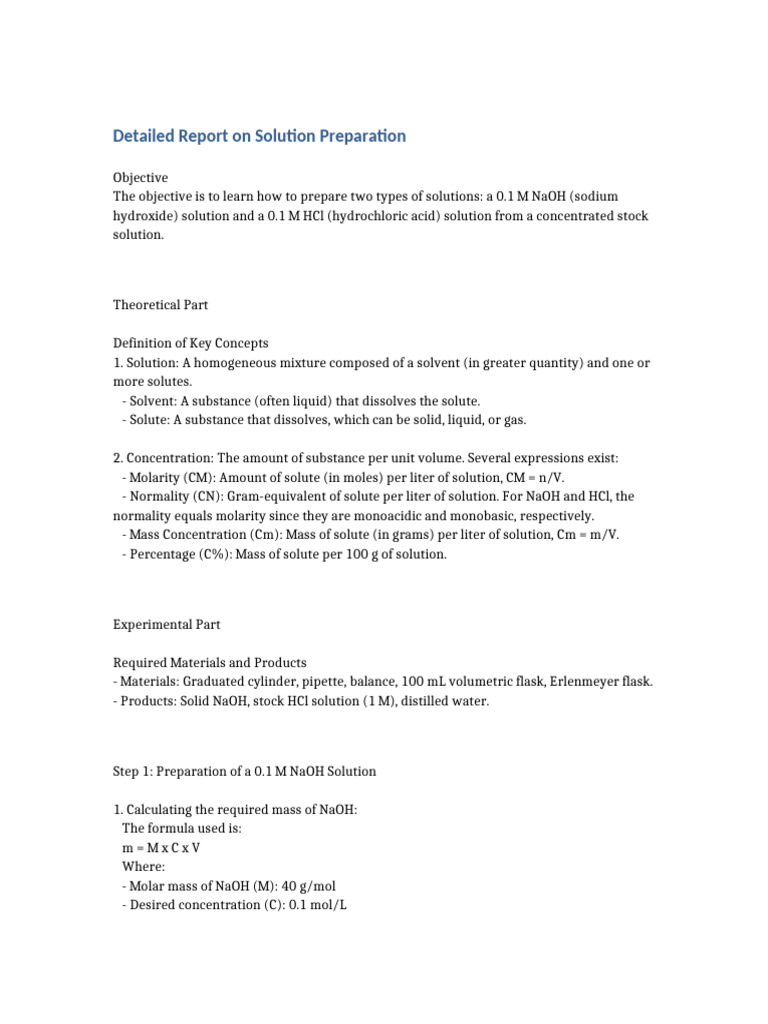 Detailed Report Solution Preparation | PDF | Chemistry | Physical Chemistry