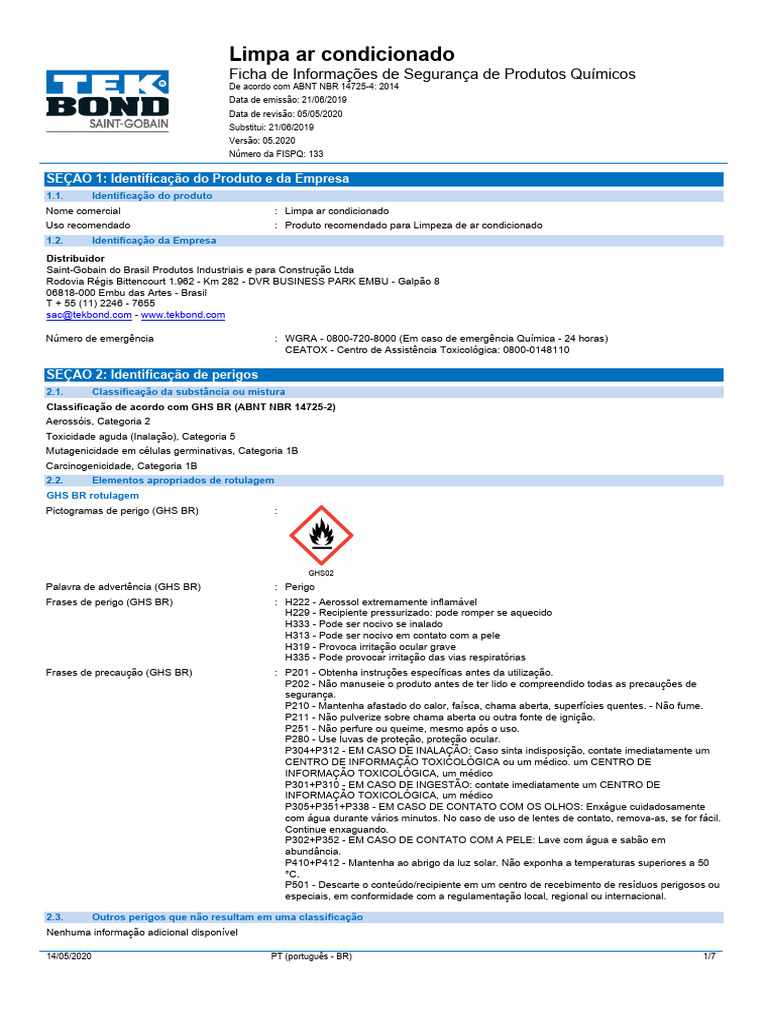 Limpa Ar Condicionado: FISPQ e Segurança | PDF | Primeiros socorros | Asma