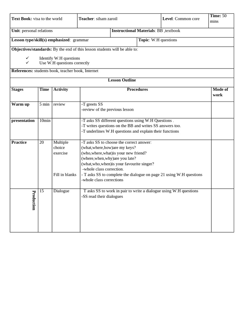 WH questions lesson plan | PDF | Behavior Modification | Human ...