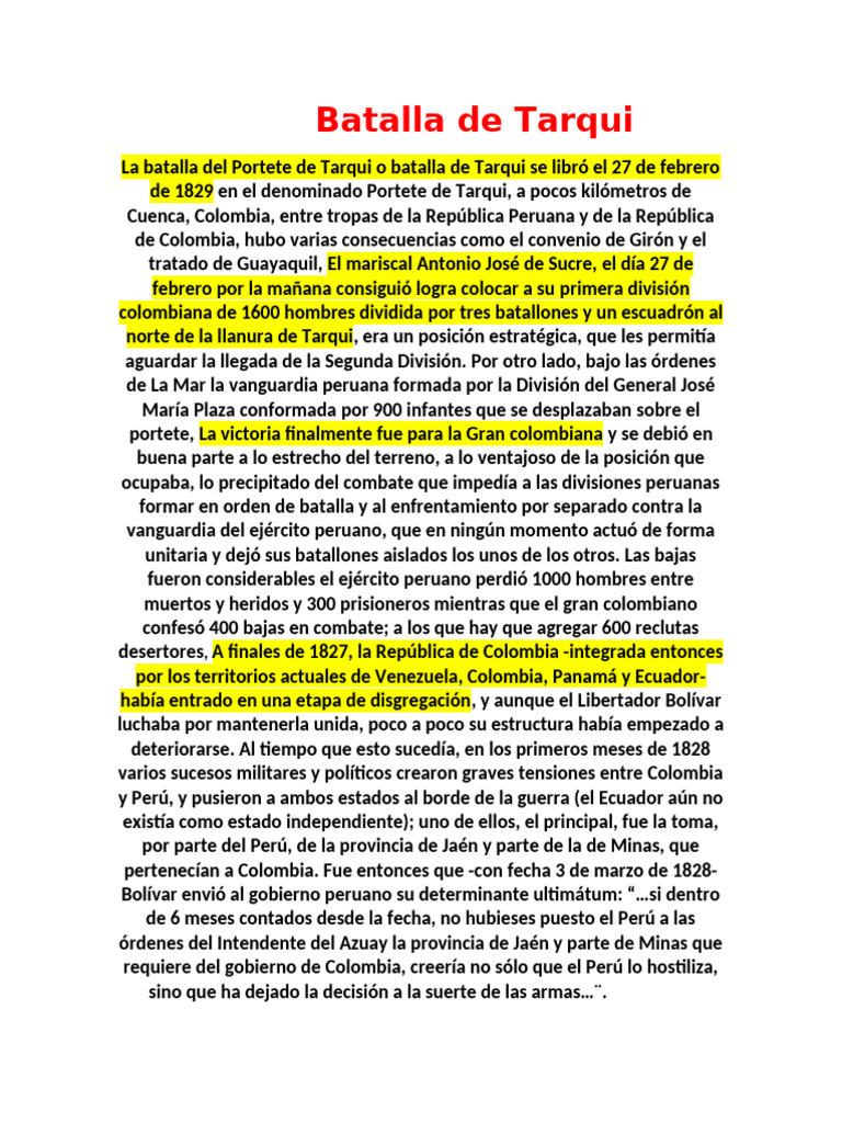 Batalla de Tarqui: Colombia vs Perú 1829 | PDF | Conflictos del segundo ...