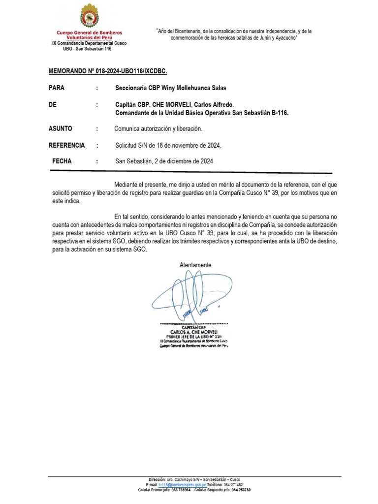 MEMORANDO 018-2024 - Liberación Wini Mollehuanca | PDF