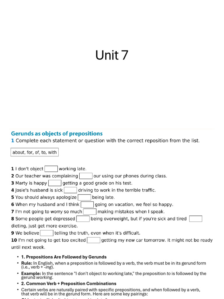 Review unit 7 and 8 | PDF | Verb | Preposition And Postposition