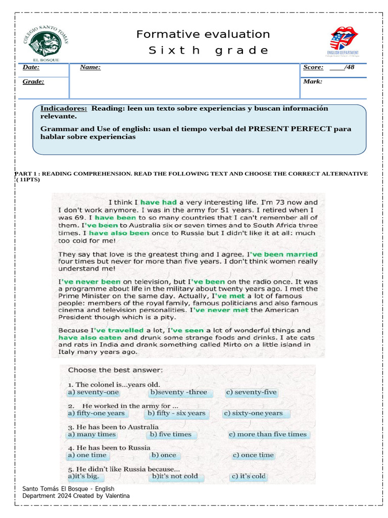 Formative Evaluation Unit 4 (Sixth Grader A & B) | PDF