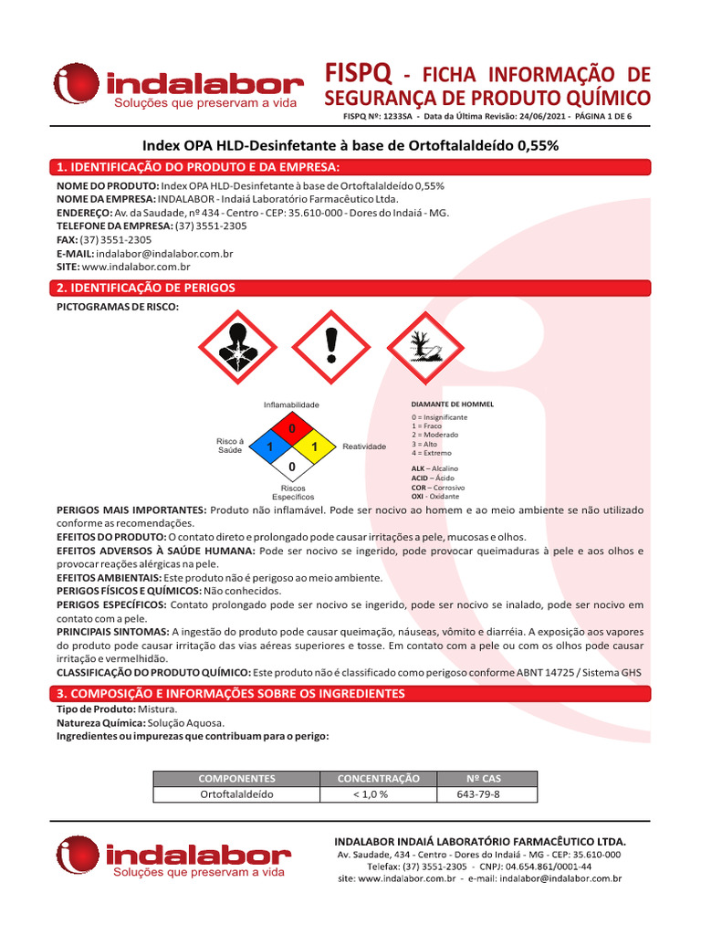 FISPQ: Desinfetante Ortoftalaldeído 0,55% | PDF