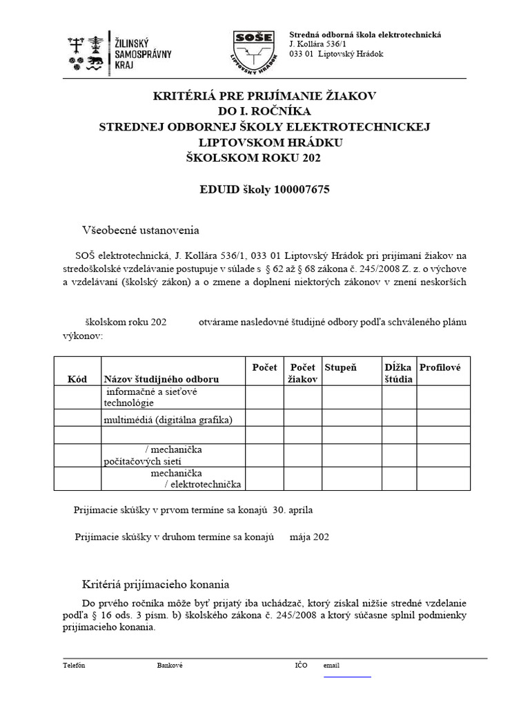 Kriteria Pre Prijimanie Ziakov 2025 2026 SOSE LH | PDF