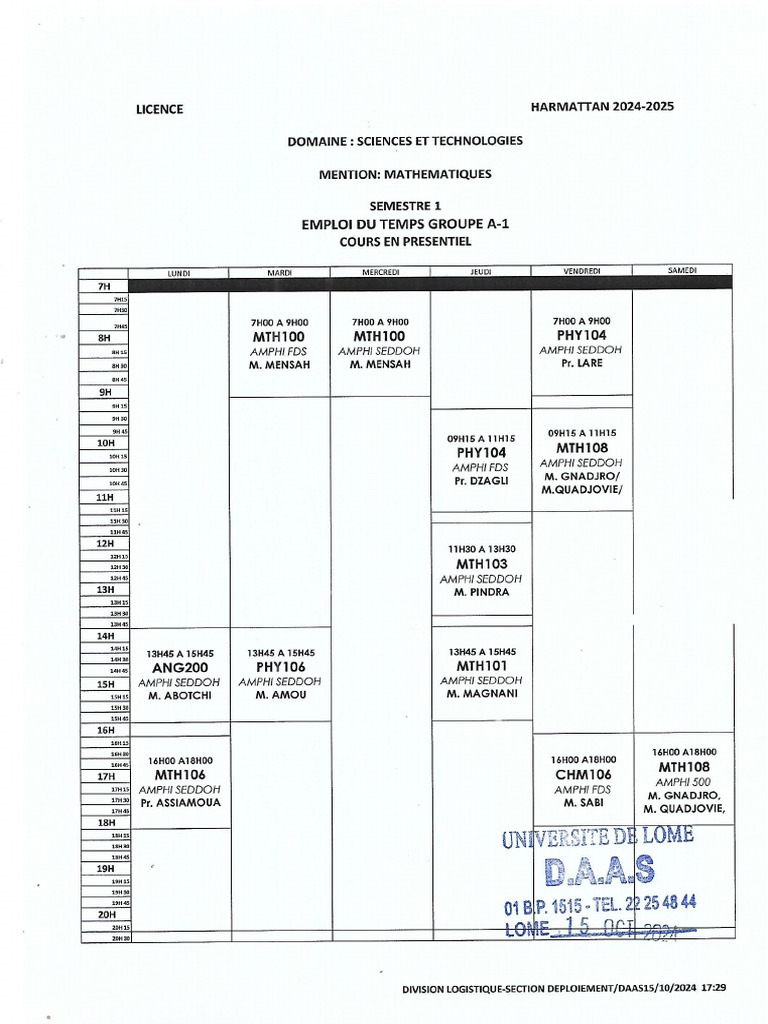 Emploi Du Temps MTH Cours en Présentiel Semestres 1 3 5-1 | PDF