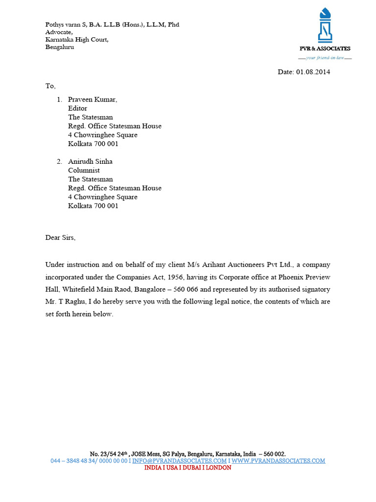 Legal Notice for Defamation Claim | PDF | Defamation | Justice