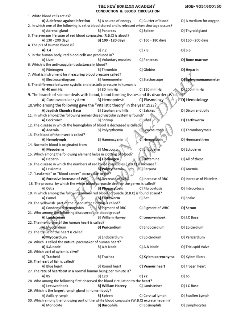 Blood Circulation and Functions Quiz | PDF | Blood | Blood Cell