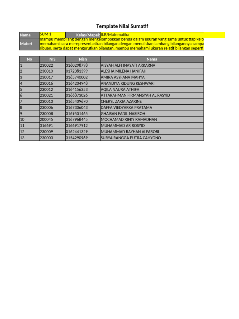Template Nilai Sumatif II.B Matematika | PDF