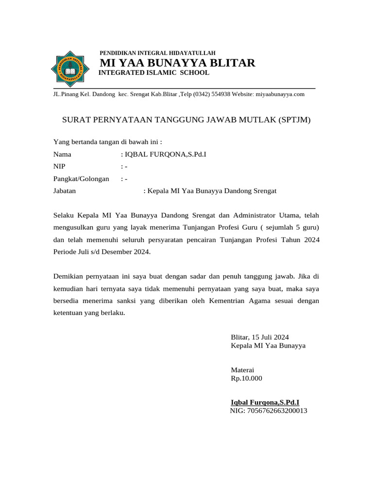 SPTJM Tunjangan Profesi MI Yaa Bunayya | PDF