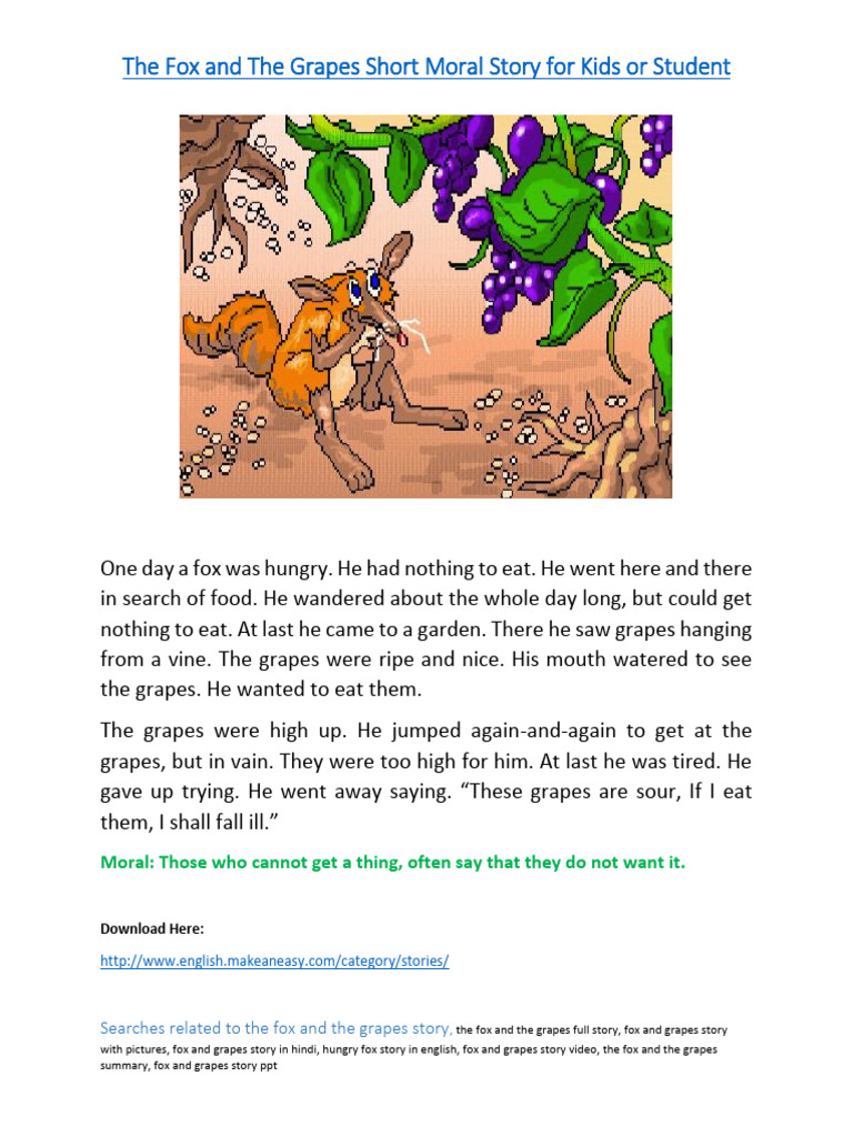 The Fox and The Grapes Short Moral Story | PDF