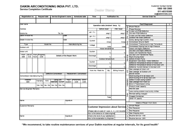 Daikin AC Service Completion Report | PDF | Electricity | Manufactured ...