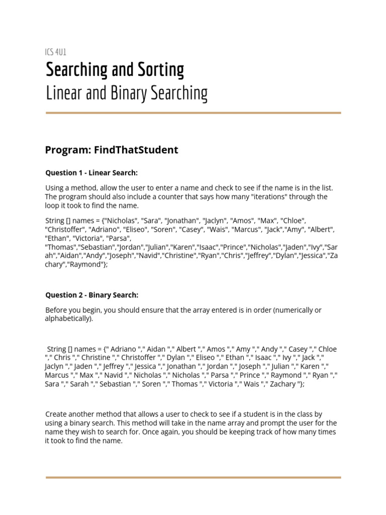 ICS 4U1 - Linear and Binary Searching | PDF | Computer Programming | Algorithms