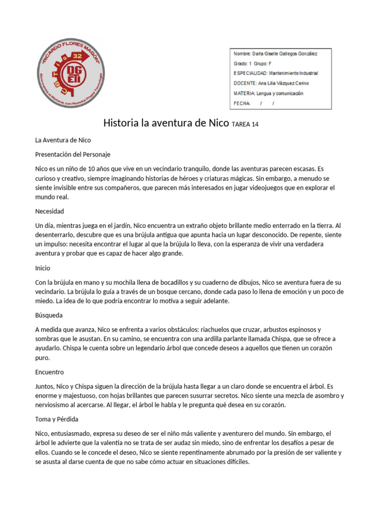 Historia La Aventura de Nico TAREA 14 | PDF