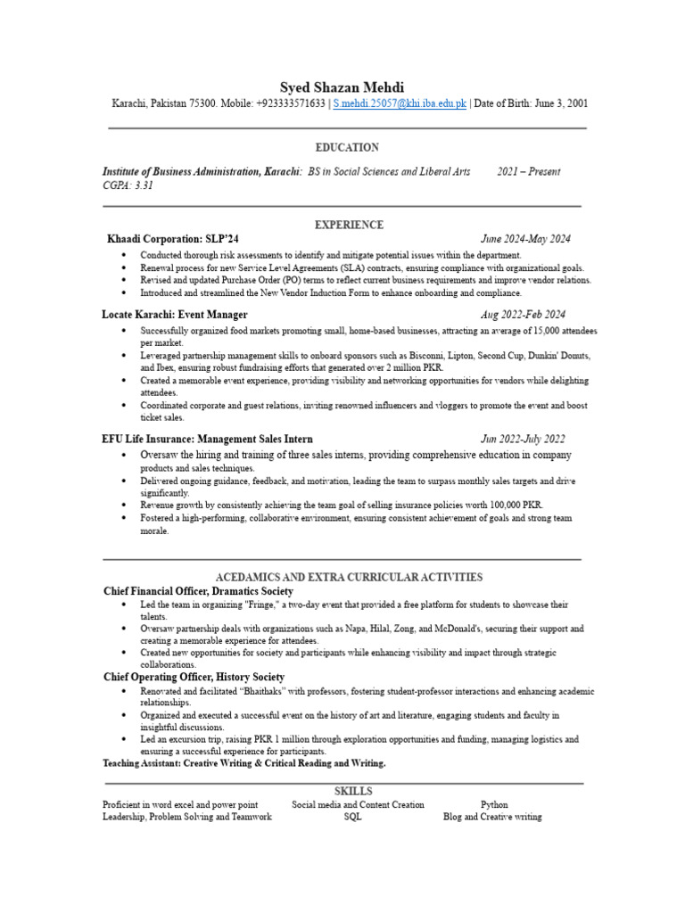 Shazan Mehdi Resume | PDF | Sales | Business