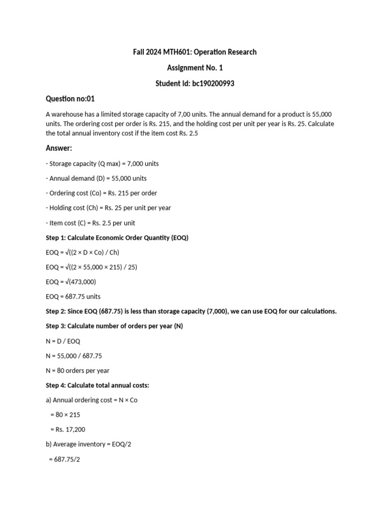 Fall 2024 MTH601 Sol 01 | PDF | Management Accounting | Supply Chain Management