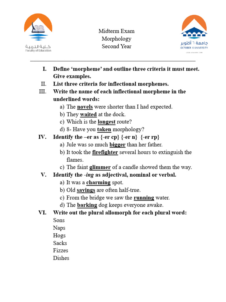 Midterm Exam on Morphology Concepts | PDF