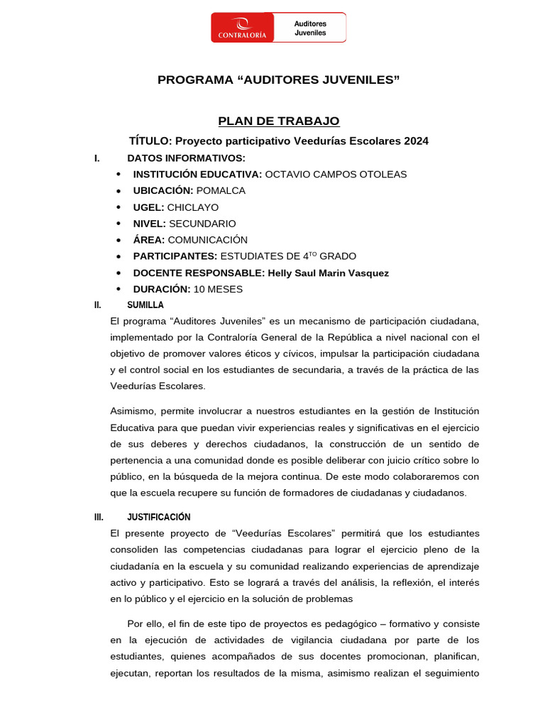 Plan de Trabajo - Helly | PDF | Participación pública | Escuelas