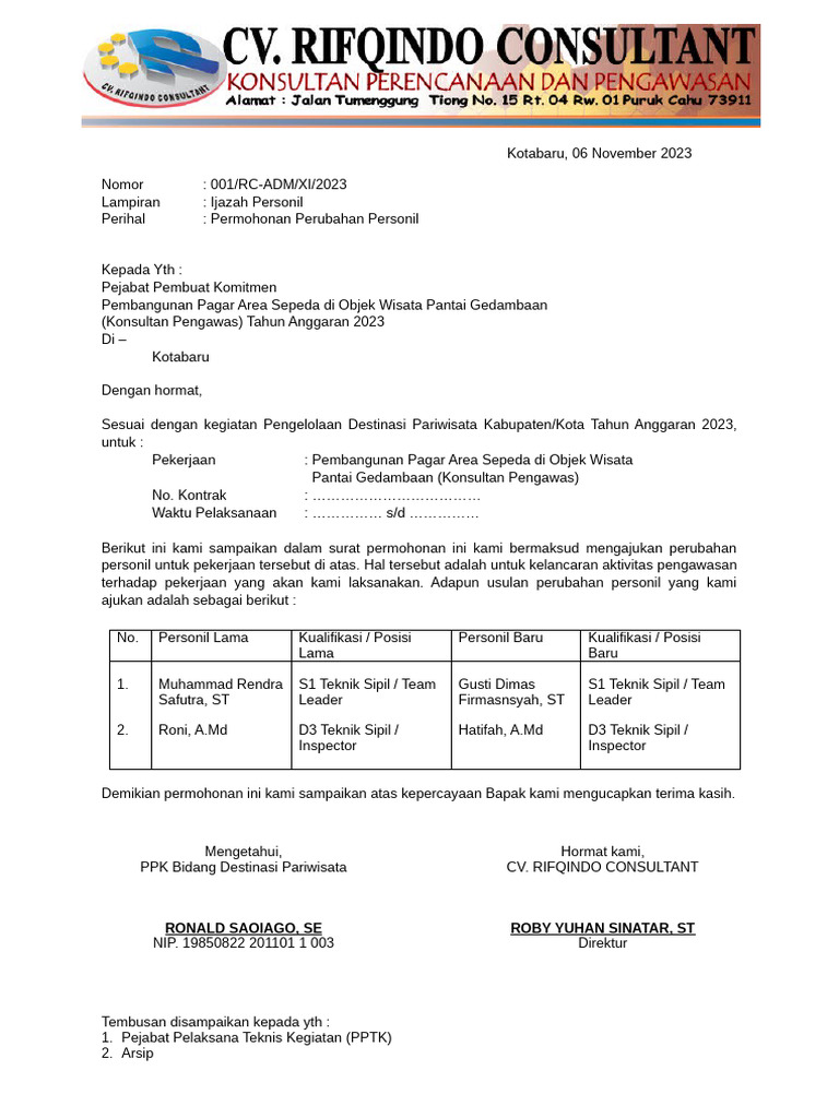 Contoh Permohonan Perubahan Personil - TTD PPK - 063241 | PDF