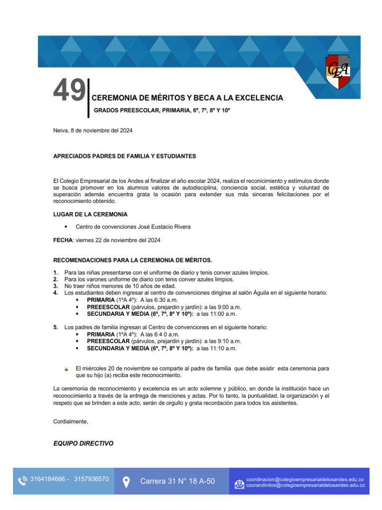 CIRCULAR #049 CEREMONIA DE RECONOCIMIENTOS ºdocx | PDF