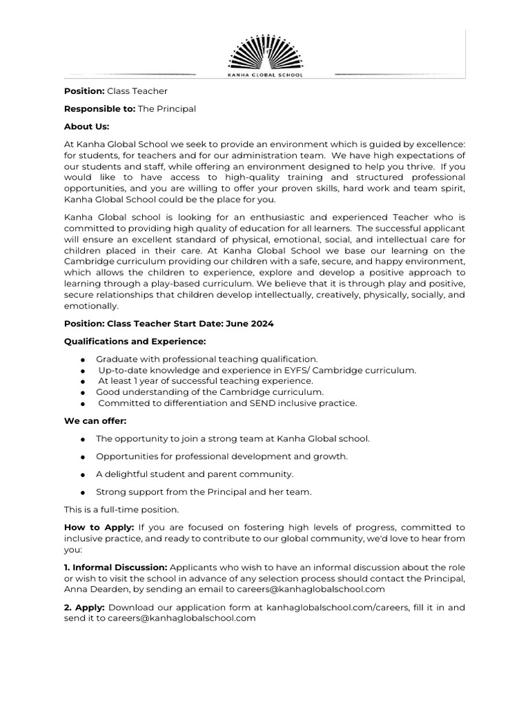 Class Teacher - Job Overview | PDF | Teachers | Curriculum