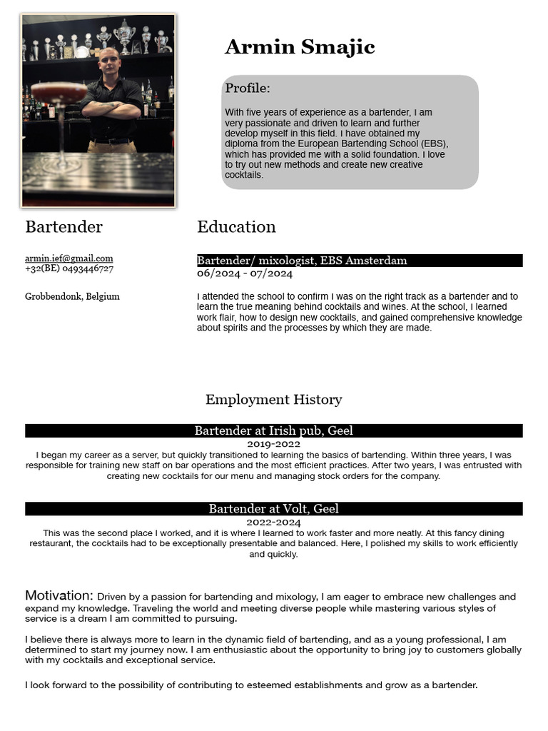 CV Armin Smajic | PDF | Bartender | Foodservice
