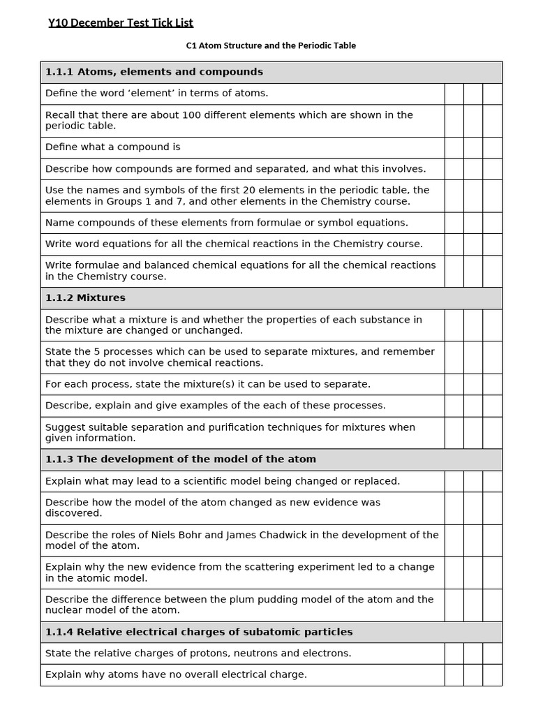 Y10 December Chemistry Assessment tick list 2023 | PDF | Mole (Unit ...