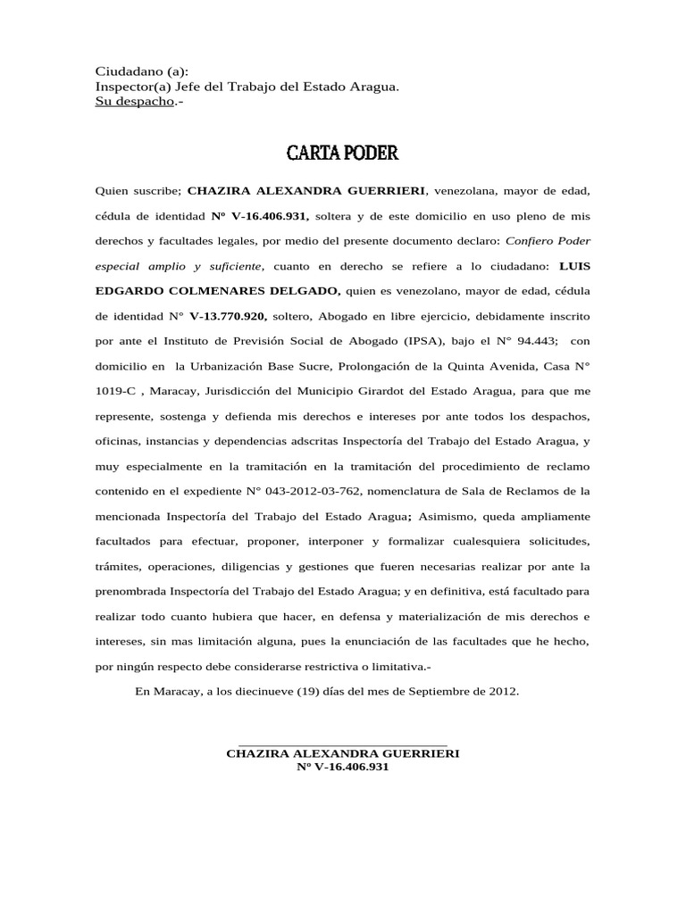 Modelo de carta poder laboral | PDF | Documento de identidad | Venezuela