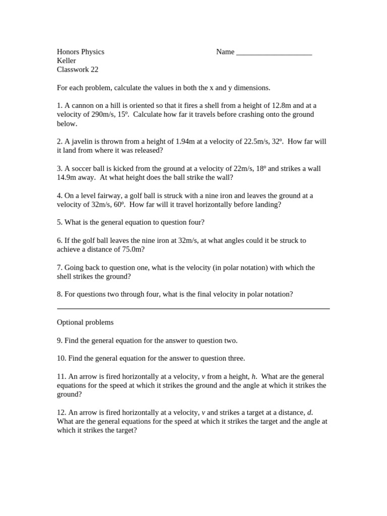 Honors Physics Classwork 22 | PDF