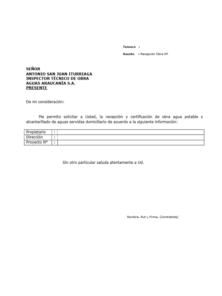 Carta Solicitud de Inspección ITO | PDF