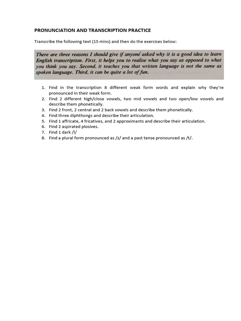 Pronunciation and Transcription Exercises | PDF