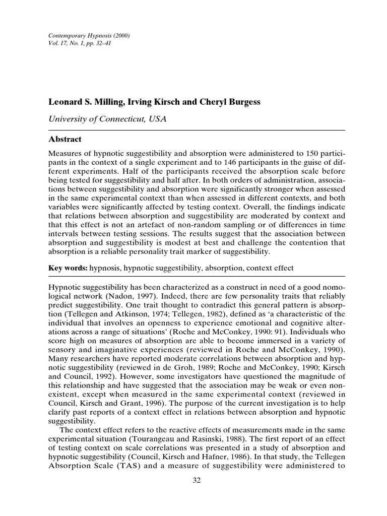 Hypnotic Suggestibility and Absorption: Revisiting The Context Effect | PDF | Hypnosis | Cognition