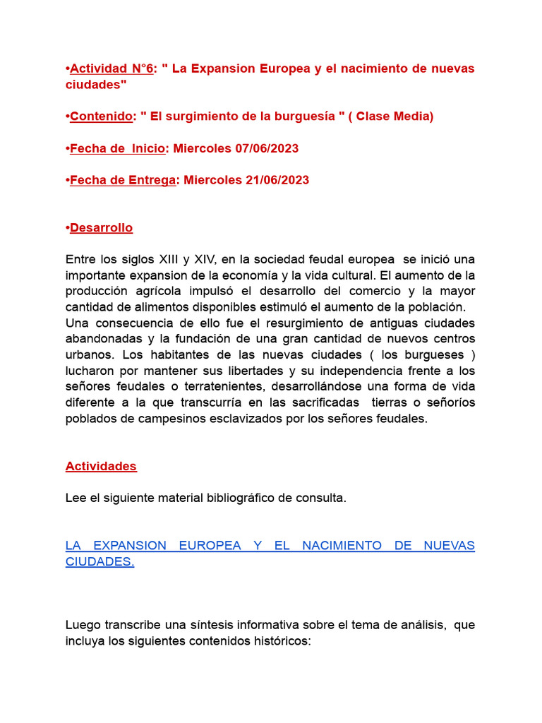2°a - 23 Hist Act.n°6 - La Expansion Europea y El Nacimiento de Nuevas Ciudades | PDF