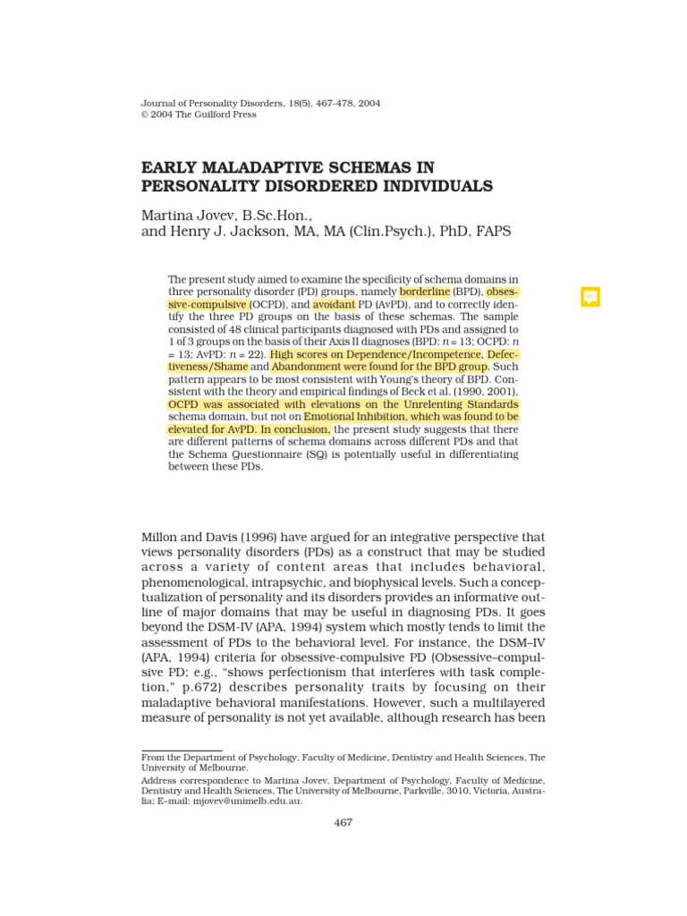 Early Maladaptive Schemas in PDs | PDF | Borderline Personality ...