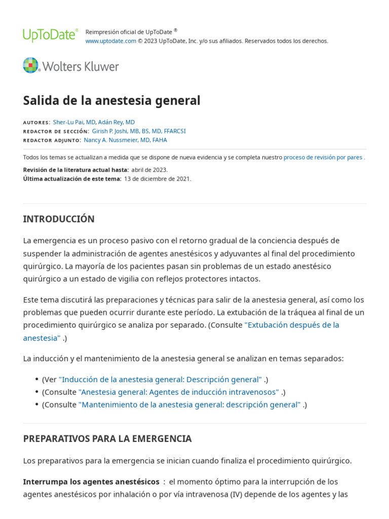 Emergence from general anesthesia - UpToDate (1) | PDF | Analgésico ...