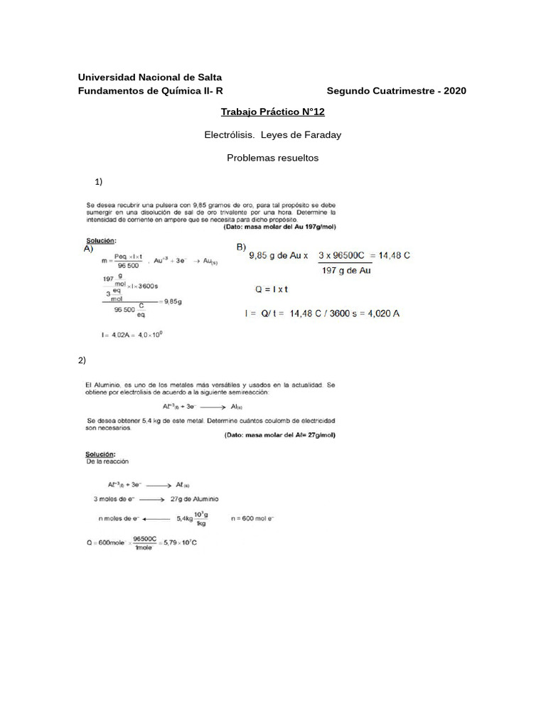 TP 12 Electrolisis Ejercicios Resueltos | PDF