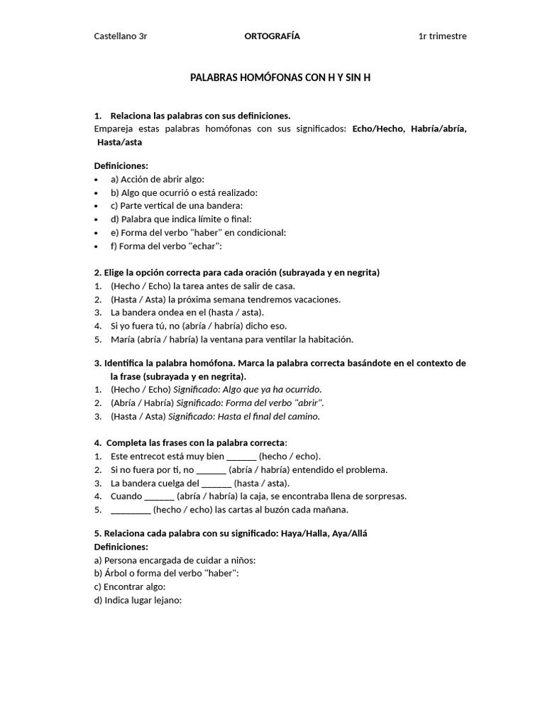 Palabras Homófonas Con H y Sin H | PDF